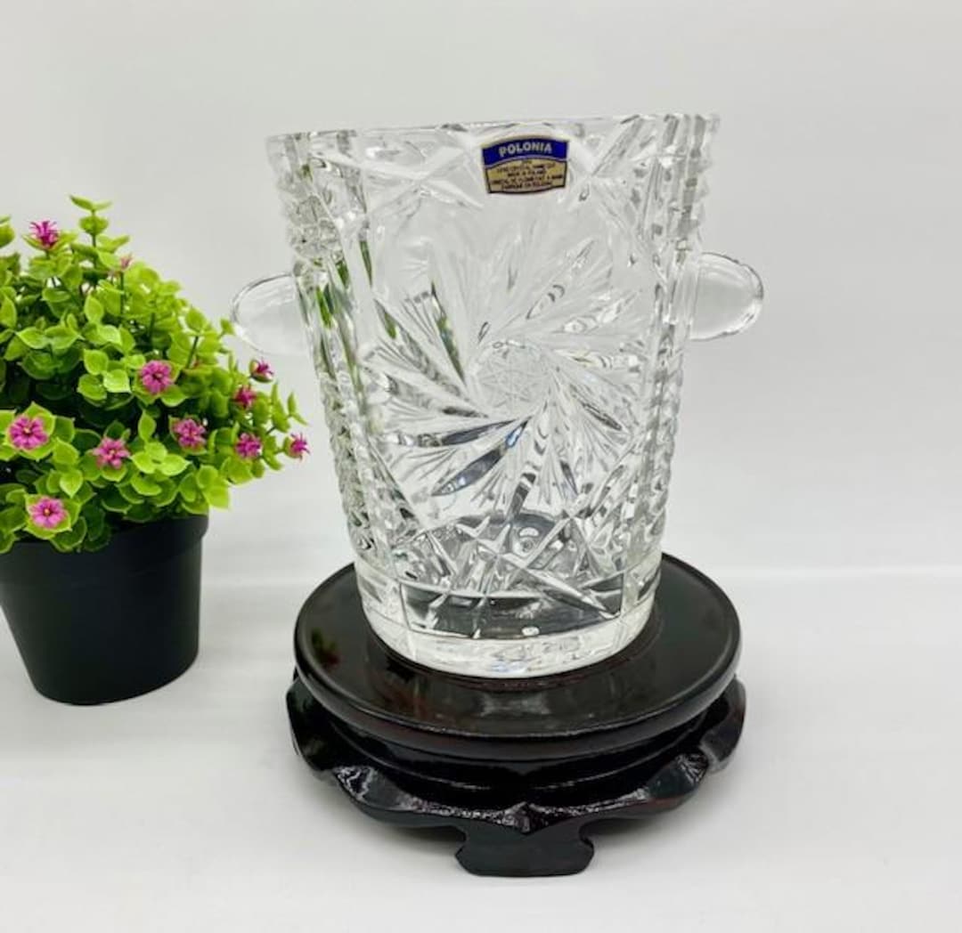 Vintage Crystal Ice Bucket With Wood Lazy Susan Stand C.1990s Cut Lead ...