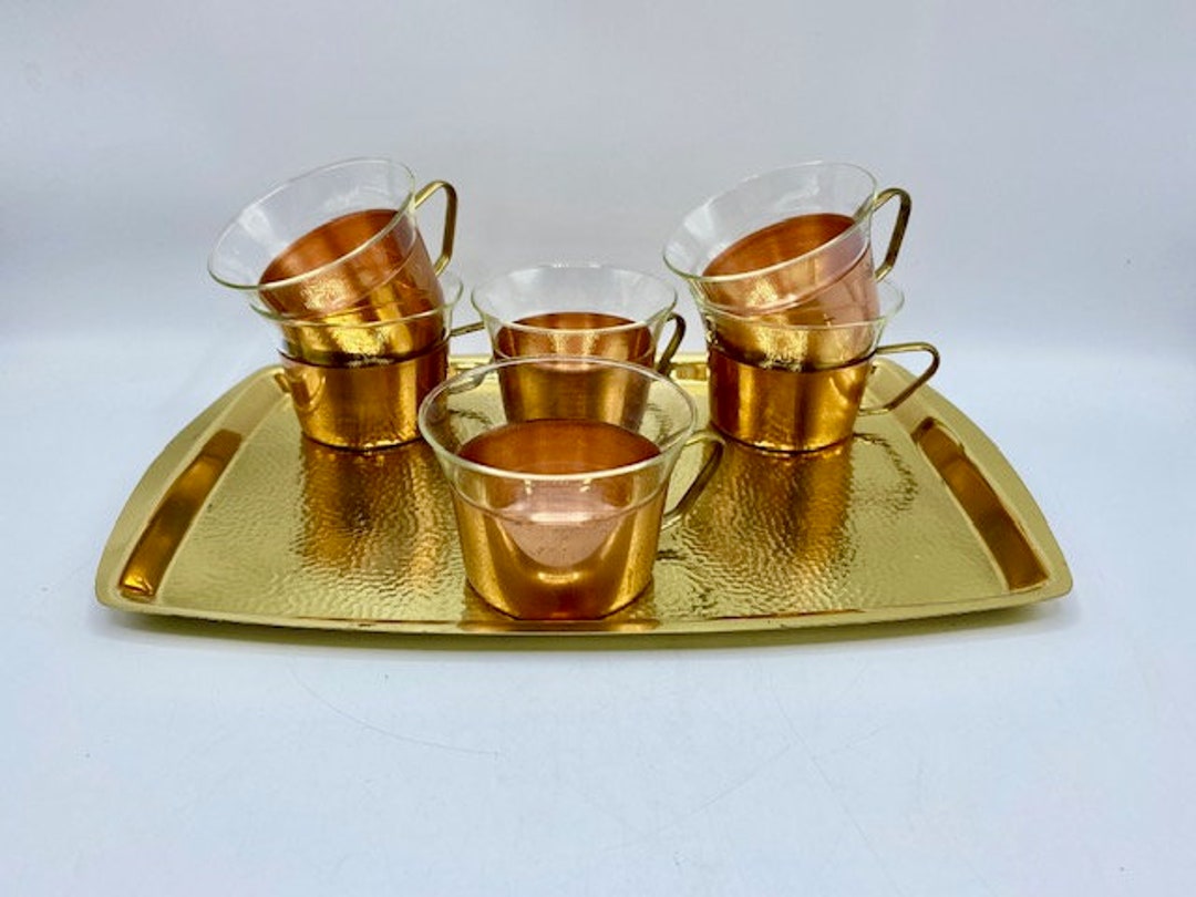1950s Copper Tea Set Mid Century Set of 6 Glass Cups in Copper Sleaves ...