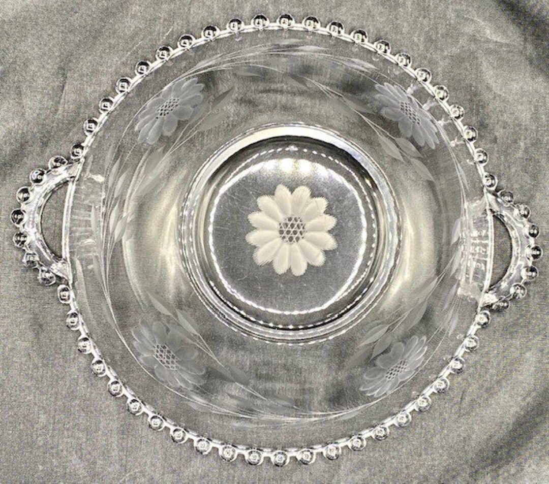 Vintage Cornflower Etched Glass Bowl – W.J. Hughes Candlewick Dish C ...