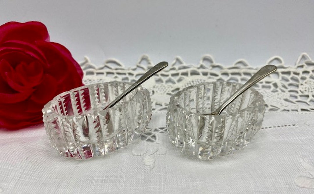 Antique Cut Crystal Salt Cellars With Silver Spoon Set of 2 Victorian ...
