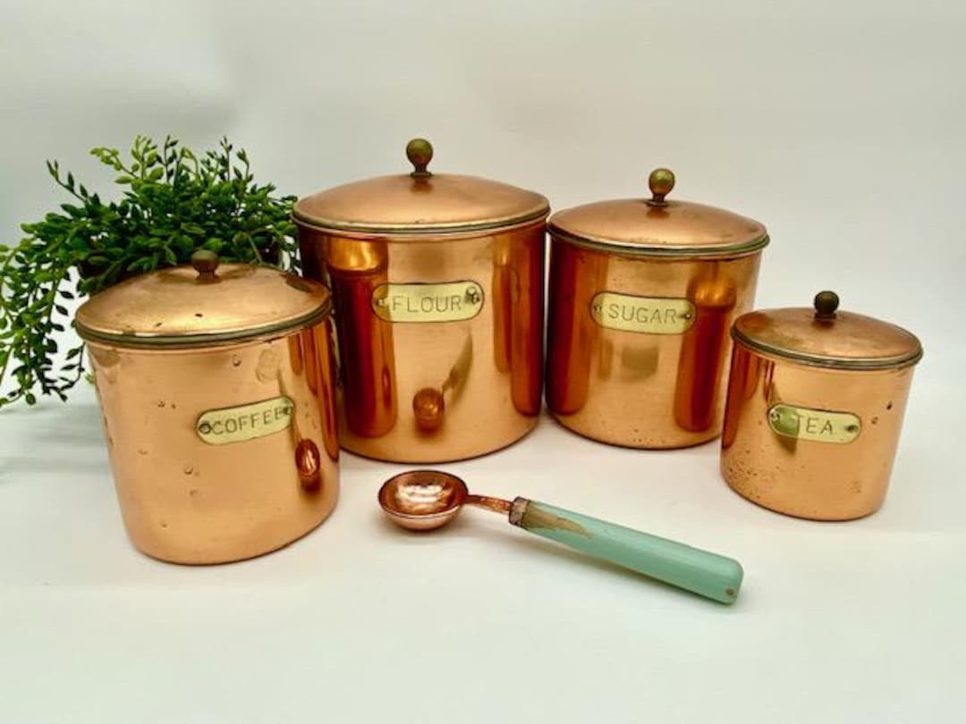 Vintage Copper Kitchen Canisters Set of Four C.1970s Brass Plates and ...