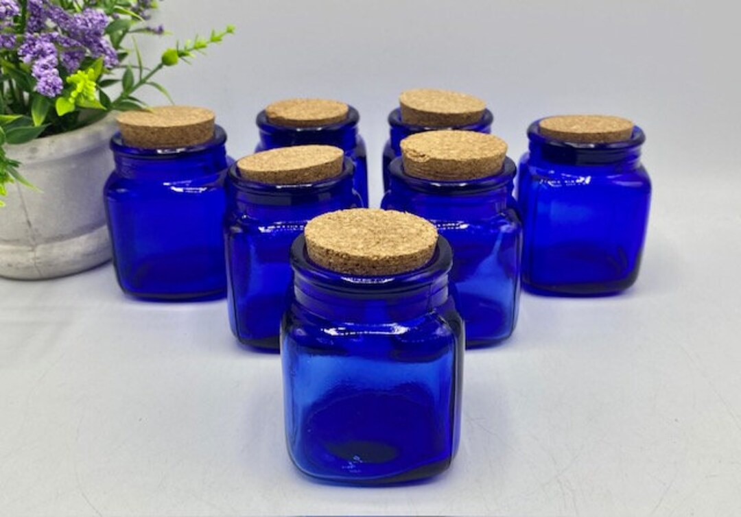Vintage Set of 7 Cobalt Blue Glass Storage Jars With Cork Lids Small ...