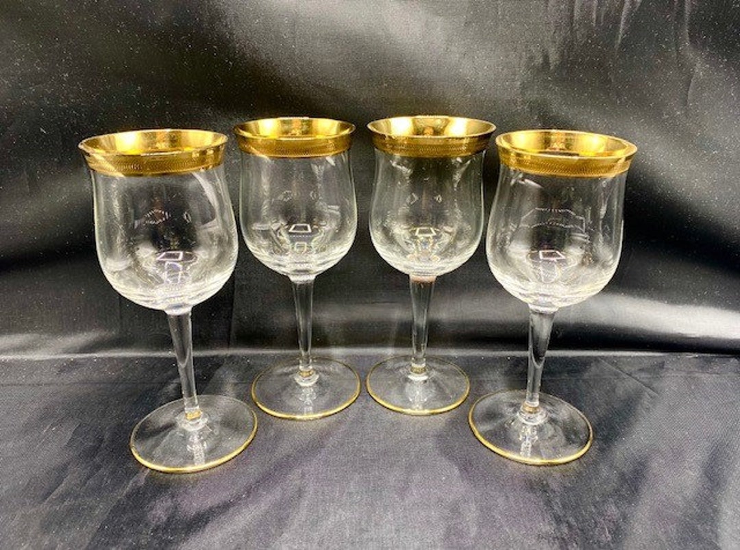 Vintage Set of 4 Wine Glasses Gold Rimmed Clear Bowl and Stem tiffin ...