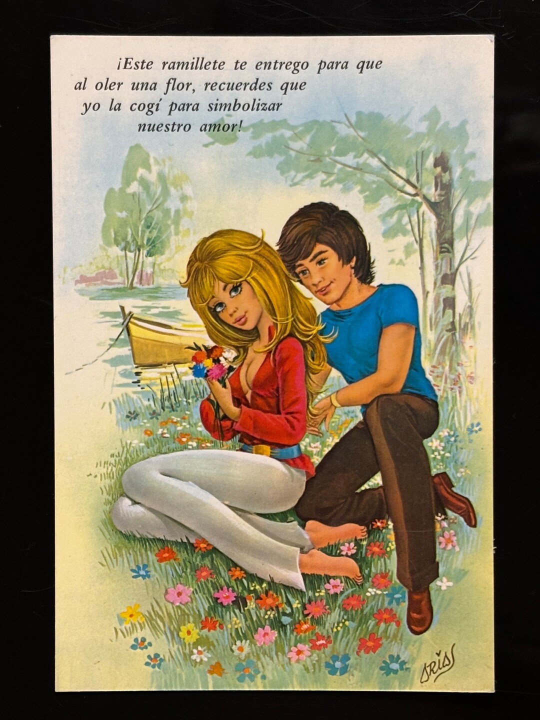 1960's Mod Couple Boy & Girl at Lake With Canoe Vintage Postcard Big ...