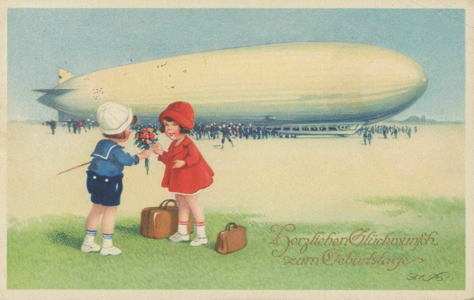 1931 Cute Postcard Boy Farewell to Girl Boarding Zeppelin Airship ...