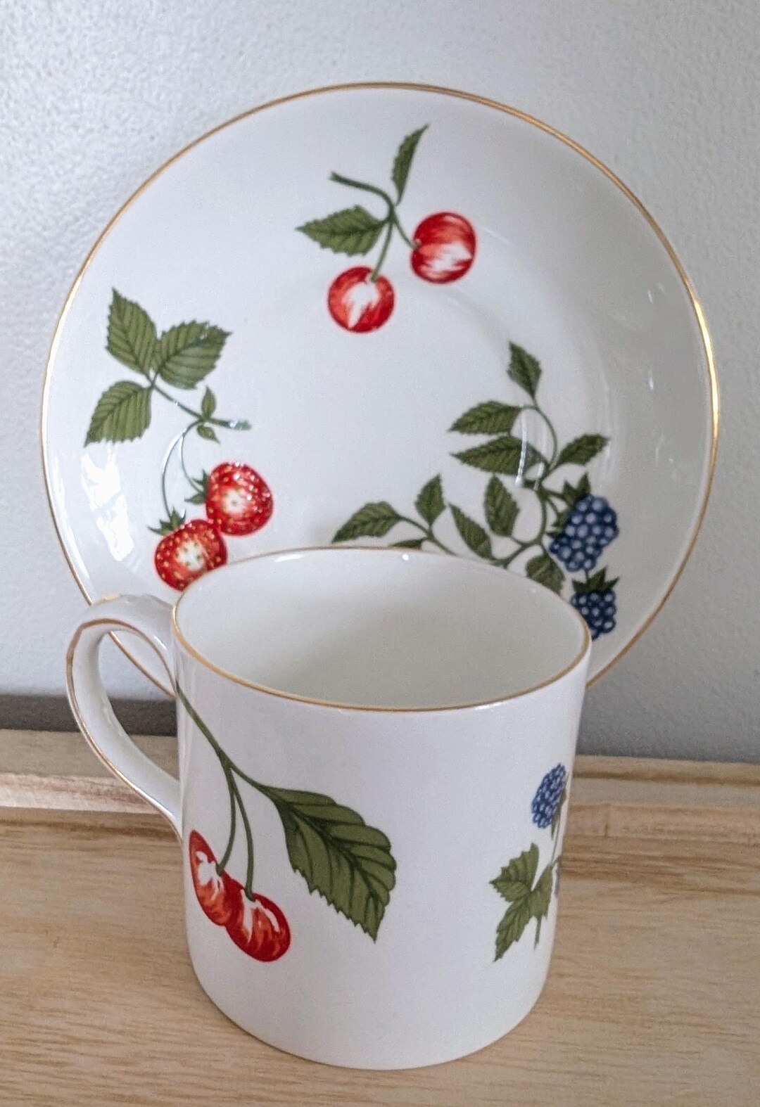 Crown Staffordshire Fruits Cherry Berries Tea Cup Saucer England Fine ...
