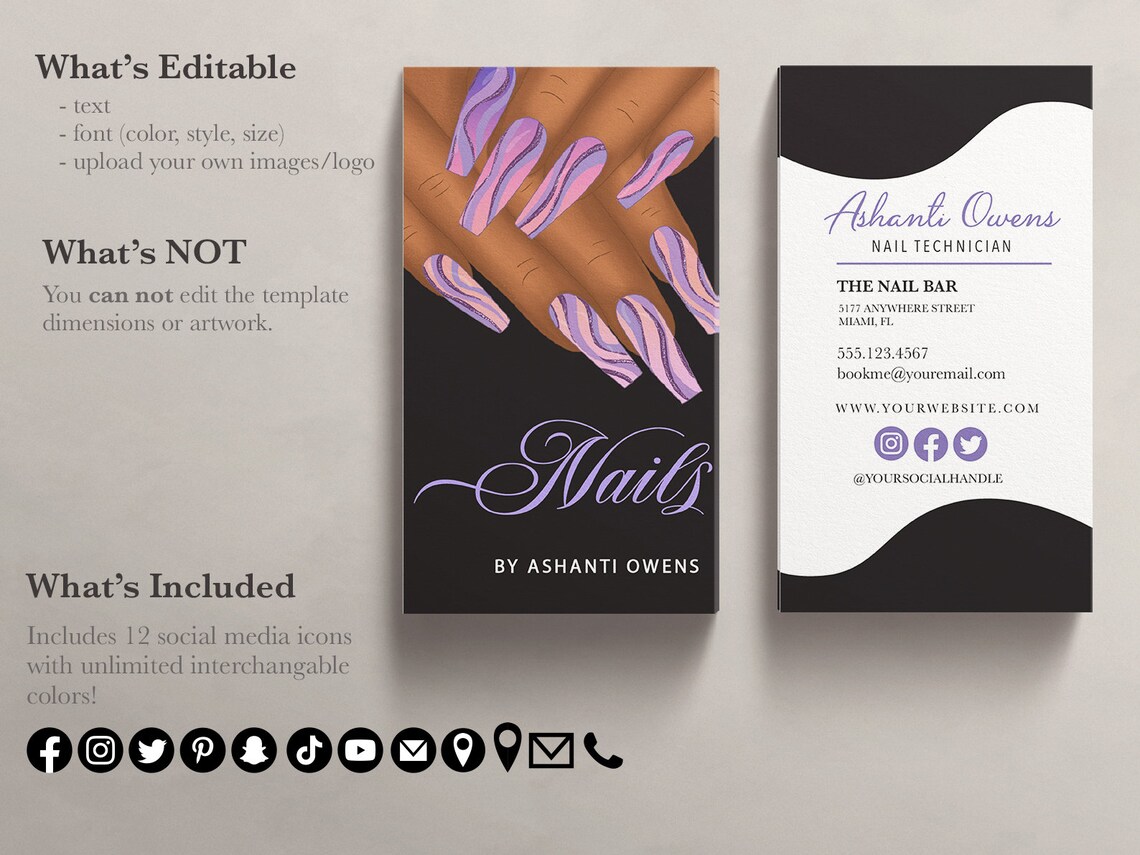 EDITABLE Business Card, Nail Artist Business Card, Beauty Business ...