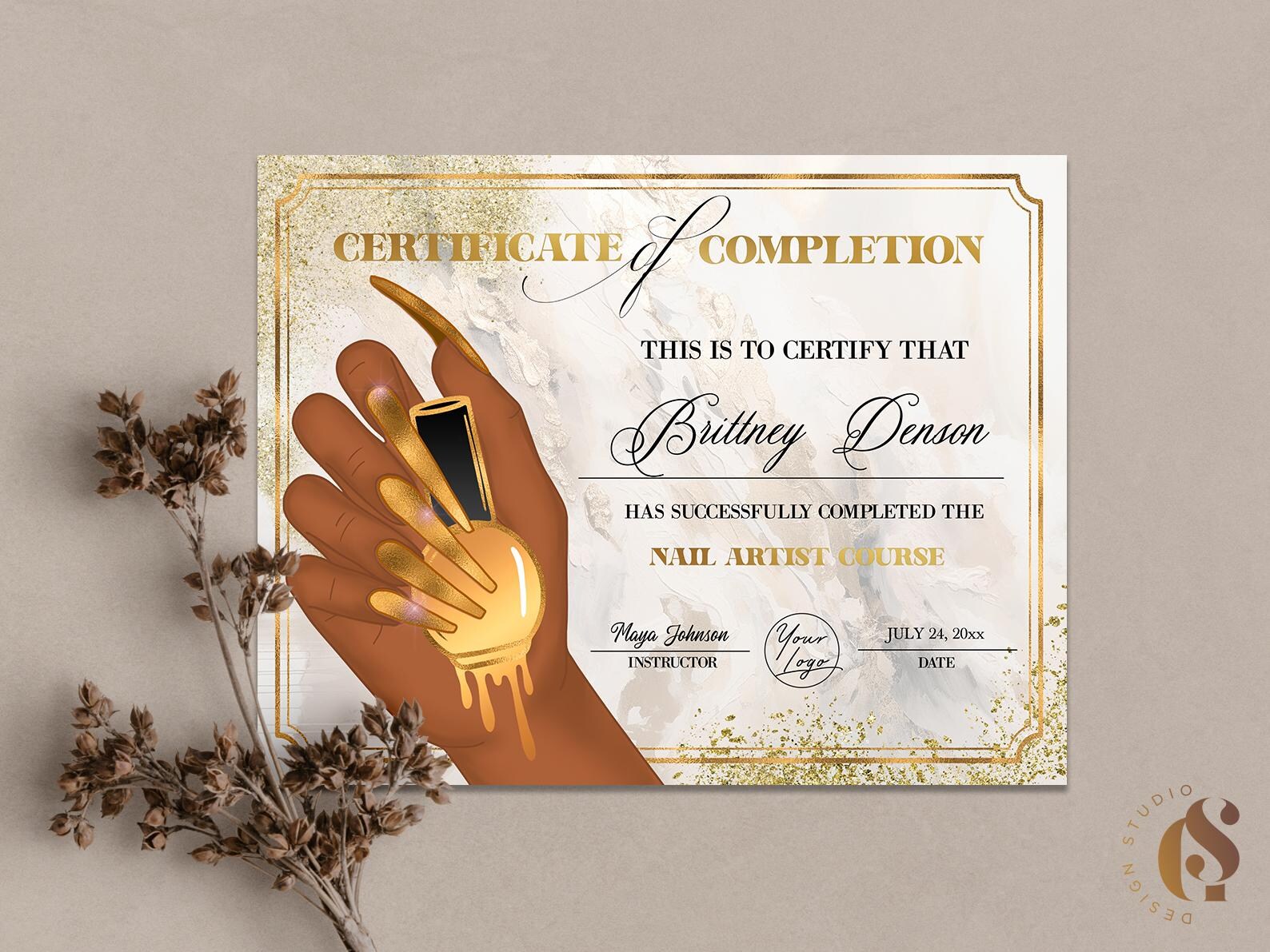 EDITABLE Certificate of Completion, Nail Technician, Gold Nails ...