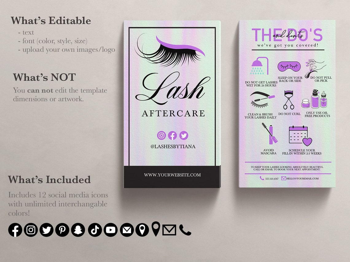 EDITABLE Lash Extension Aftercare Card, Eyelash Extensions, Eyelashes ...