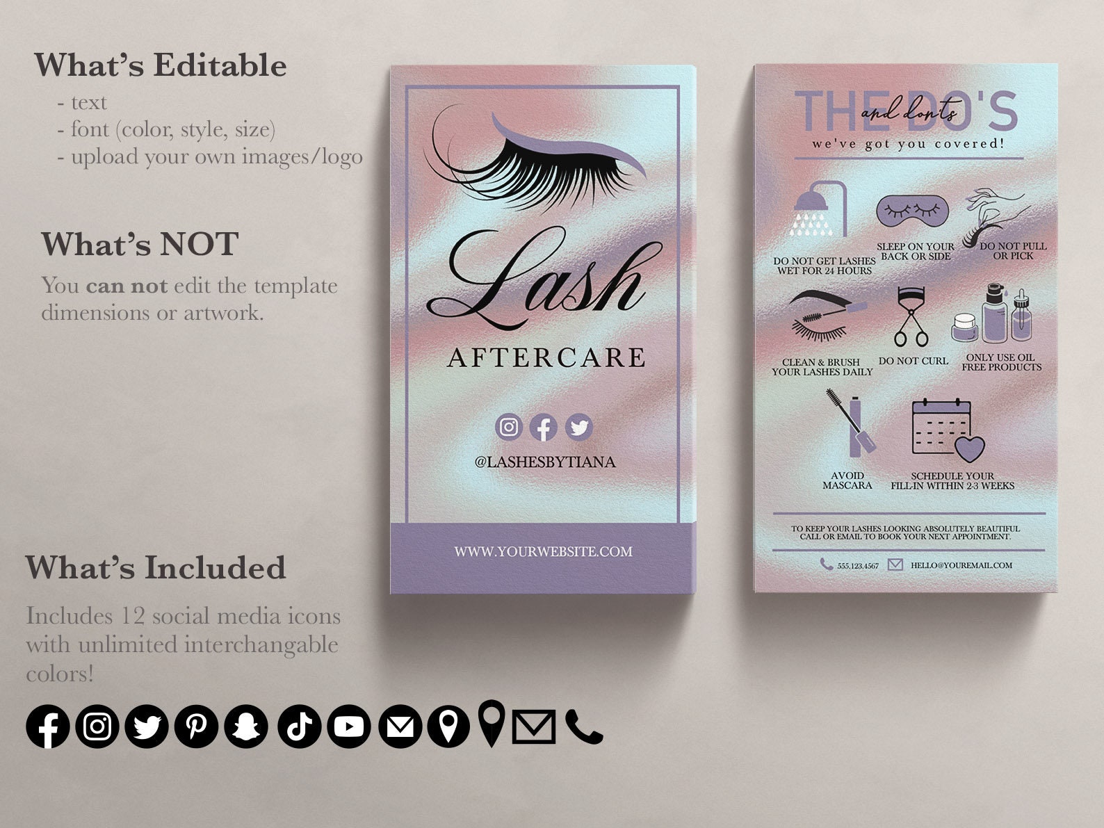 EDITABLE Lash Extension Aftercare Card, Eyelash Extensions, Eyelashes ...