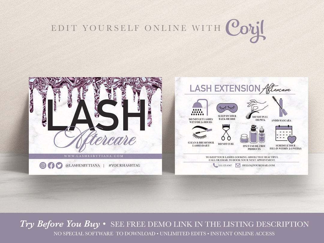 EDITABLE Lash Extension Aftercare Card, Eyelash Extensions, Eyelashes ...
