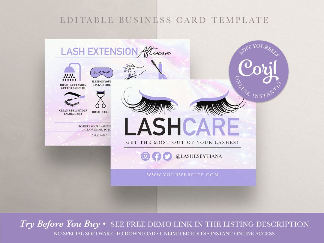 EDITABLE Lash Extension Aftercare Card, Eyelash Extensions, Eyelashes ...