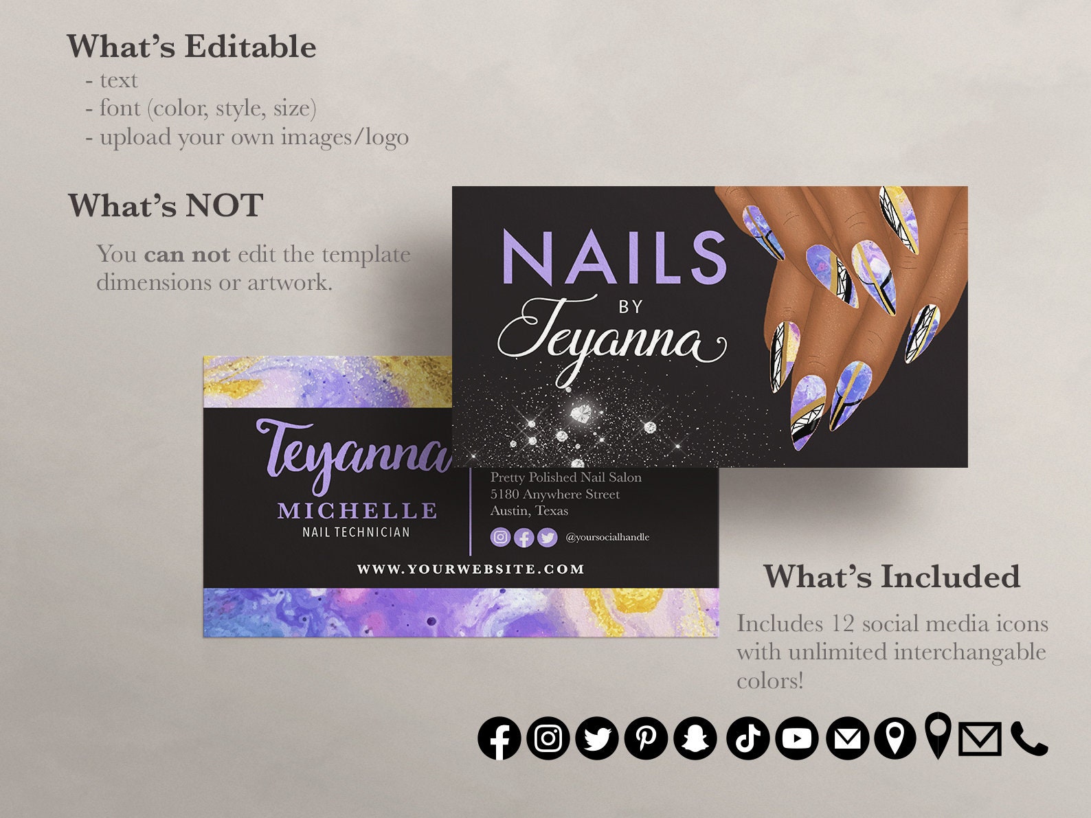 EDITABLE Business Card Nail Artist Business Card Beauty - Etsy