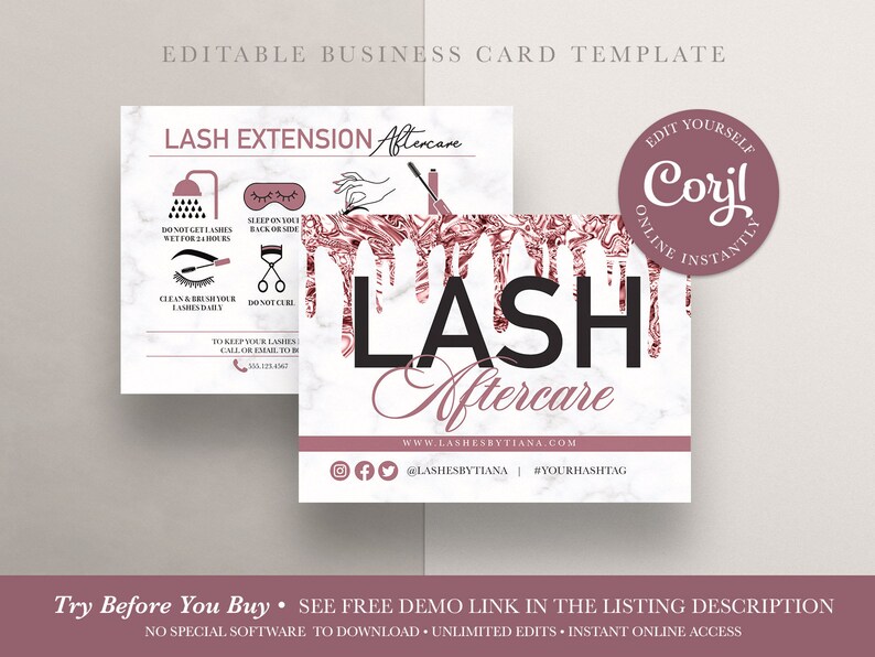 EDITABLE Lash Extension Aftercare Card, Eyelash Extensions, Eyelashes ...
