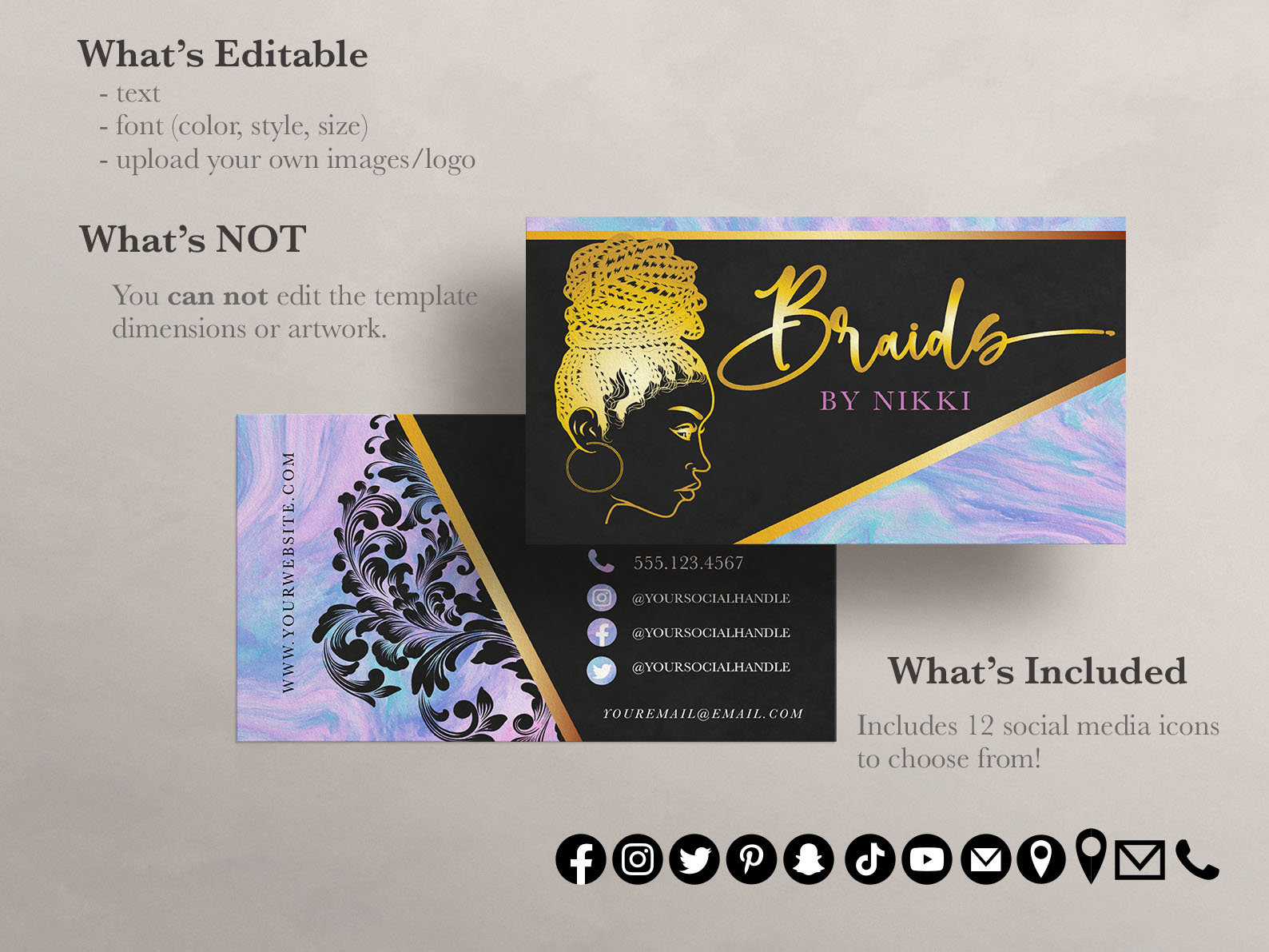 EDITABLE Business Card, Hair Braiding Business Card, Hair Stylist ...