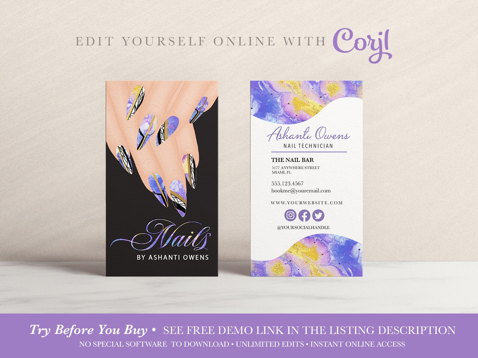 EDITABLE Business Card, Nail Artist Business Card, Beauty Business ...