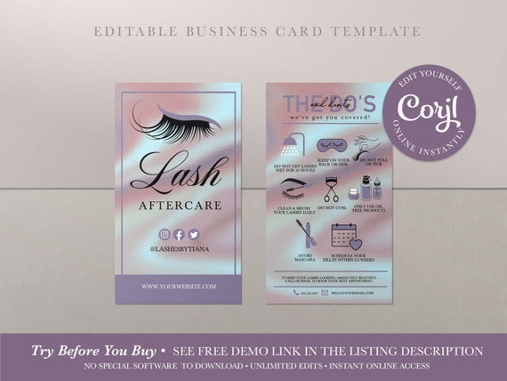 EDITABLE Lash Extension Aftercare Card Eyelash Extensions | Etsy