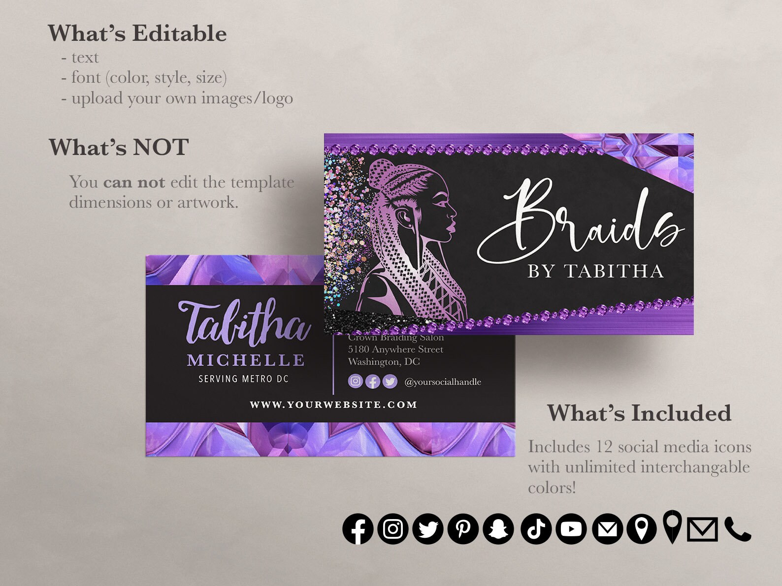 EDITABLE Business Card, Hair Braiding Business Card, Hair Stylist ...