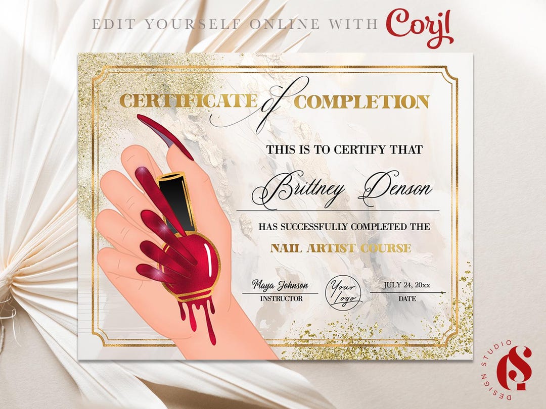 EDITABLE Certificate of Completion, Nail Technician, Red Nails ...