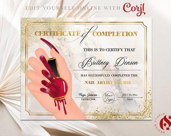 EDITABLE Certificate of Completion, Nail Technician, Gold Nails ...