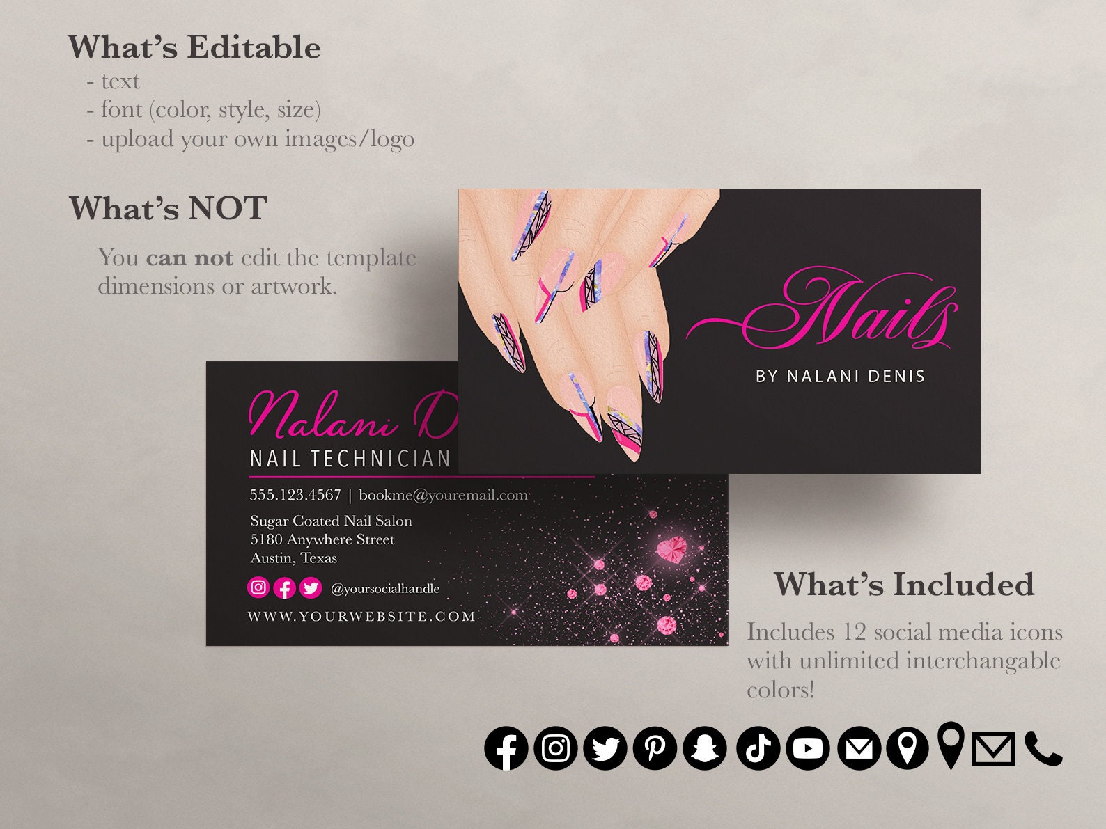 EDITABLE Business Card, Nail Artist Business Card, Beauty Business ...