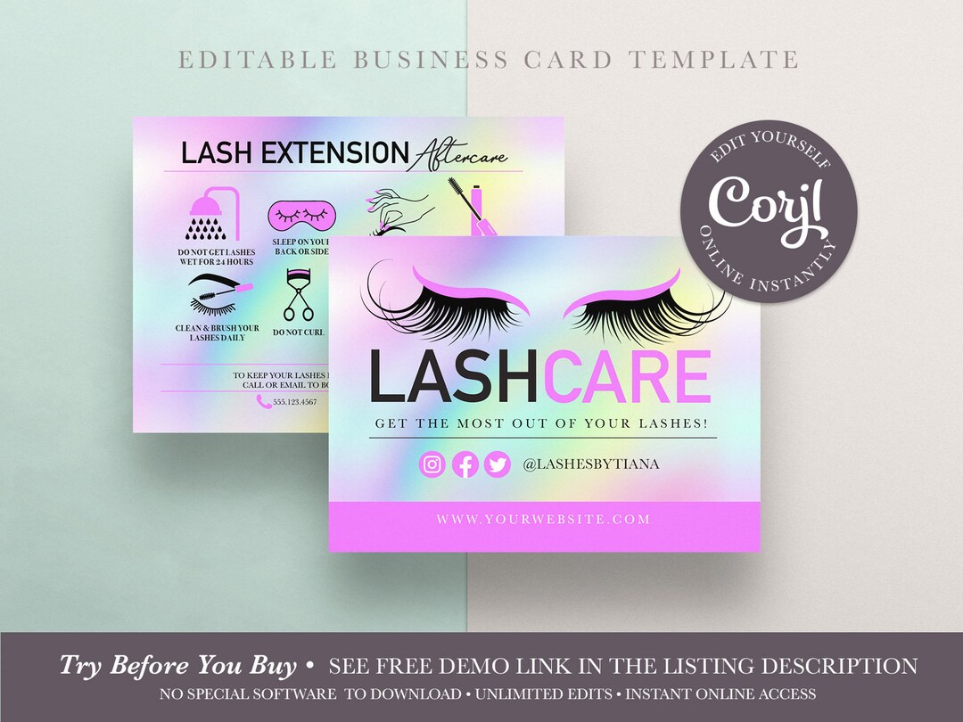 EDITABLE Lash Extension Aftercare Card, Eyelash Extensions, Eyelashes ...