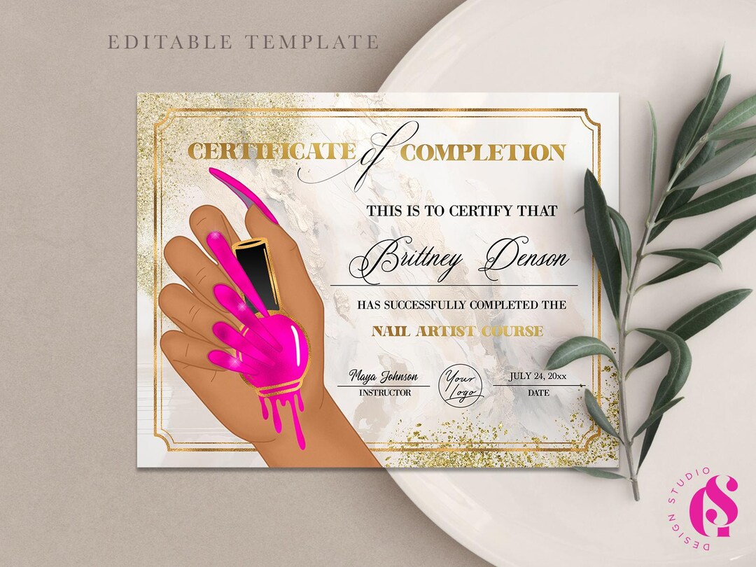 EDITABLE Certificate of Completion, Nail Technician, Pink Nails ...