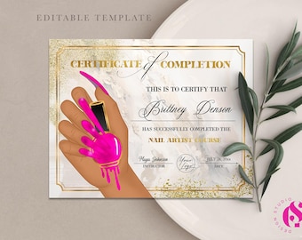 EDITABLE Certificate of Completion, Nail Technician, Red Nails ...