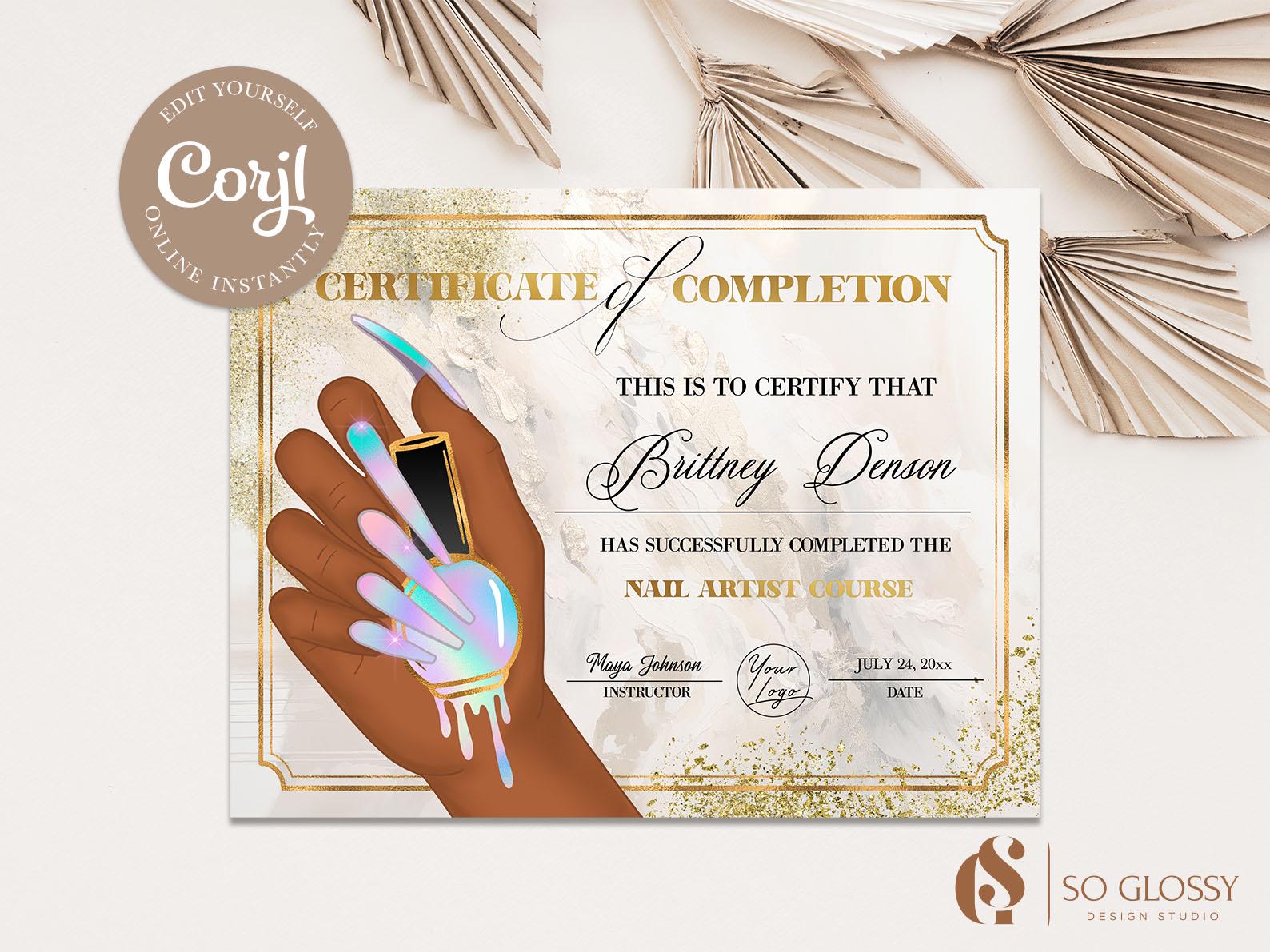 Editable Nail Technician Certificate of Completion Template (corjl) - Etsy