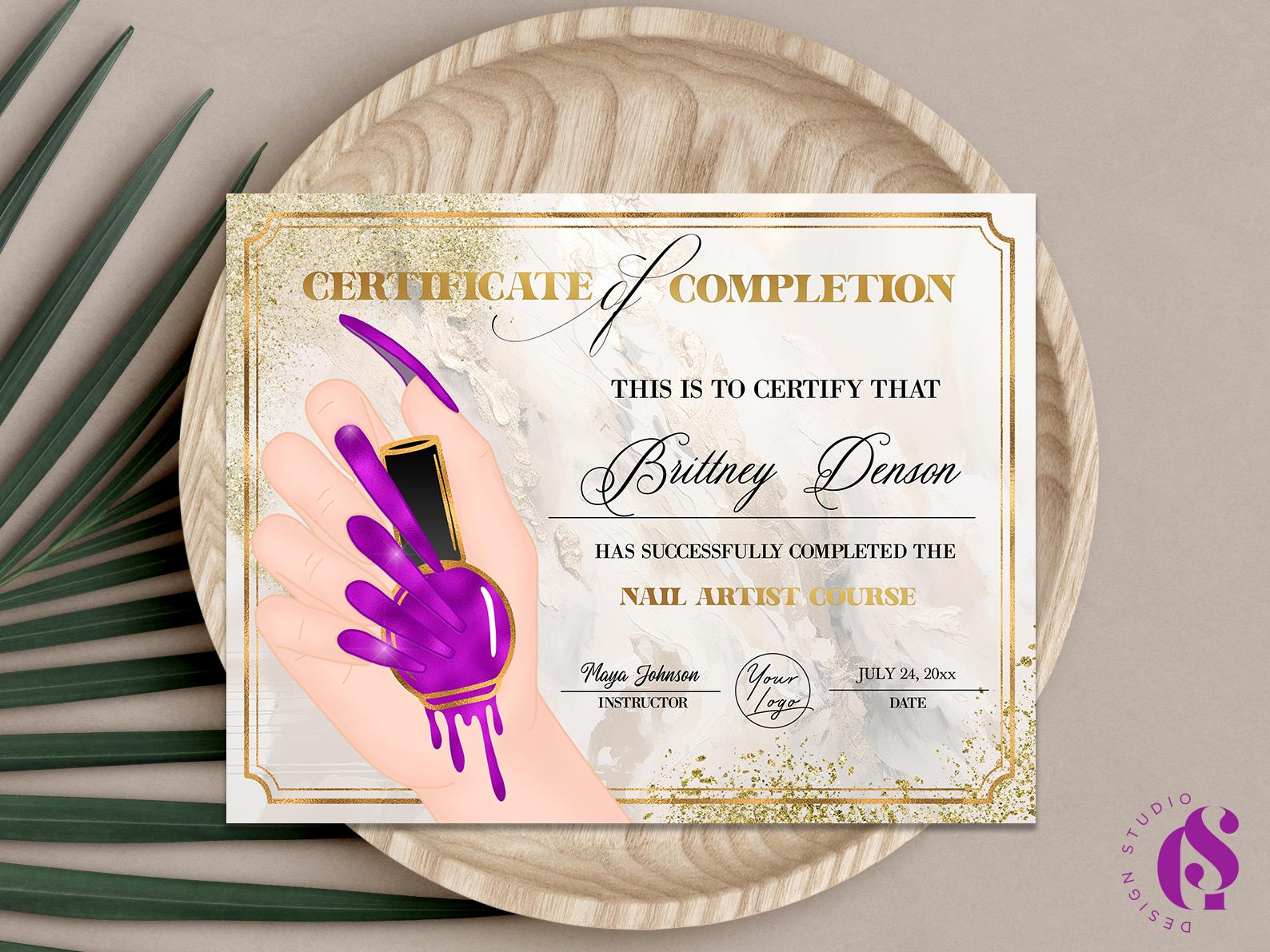 EDITABLE Certificate of Completion, Nail Technician, Purple Nails ...