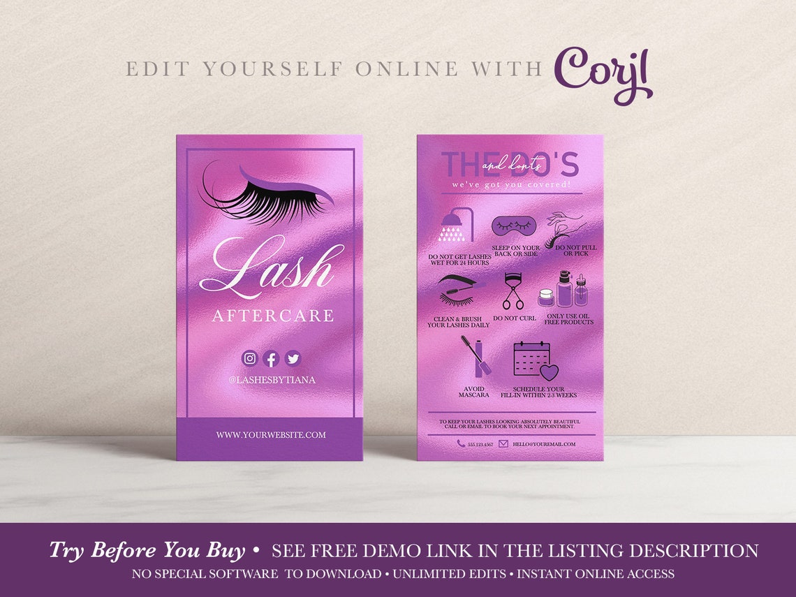 EDITABLE Lash Extension Aftercare Card Eyelash Extensions - Etsy