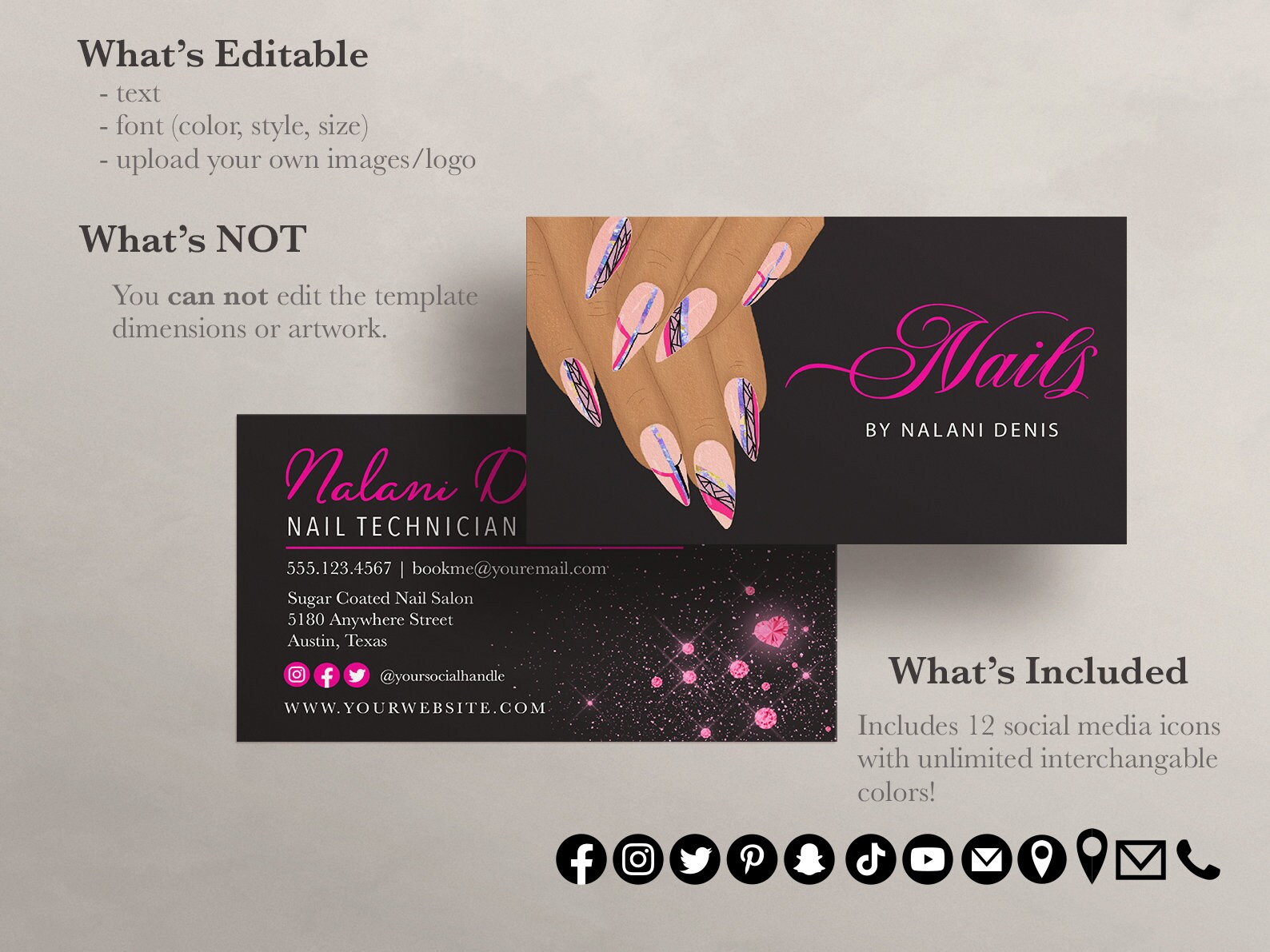 EDITABLE Business Card, Nail Artist Business Card, Beauty Business ...