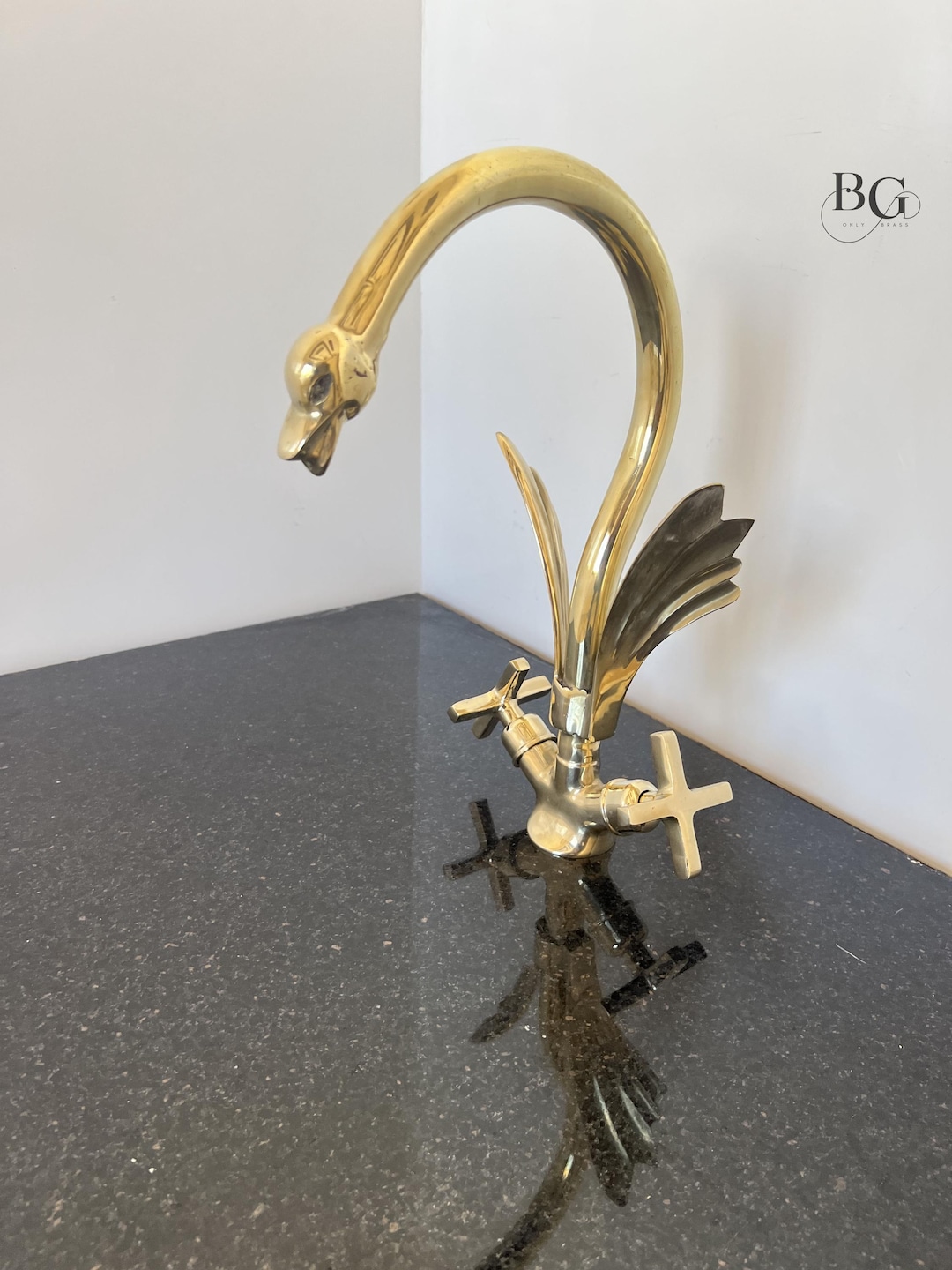 Unlacquered Brass Swan Faucet With Two Handles, Luxurious Gold Bathroom ...
