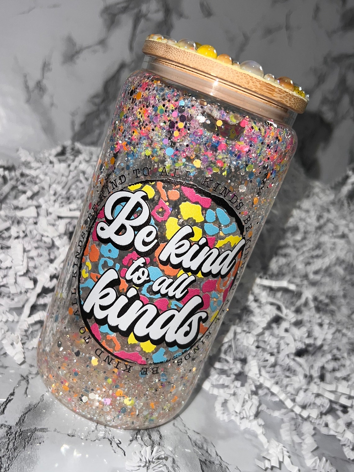 Be Kind, Snow Globe, Glass Can, 16 Oz, Blinged Bamboo Lid, Rhinestone ...