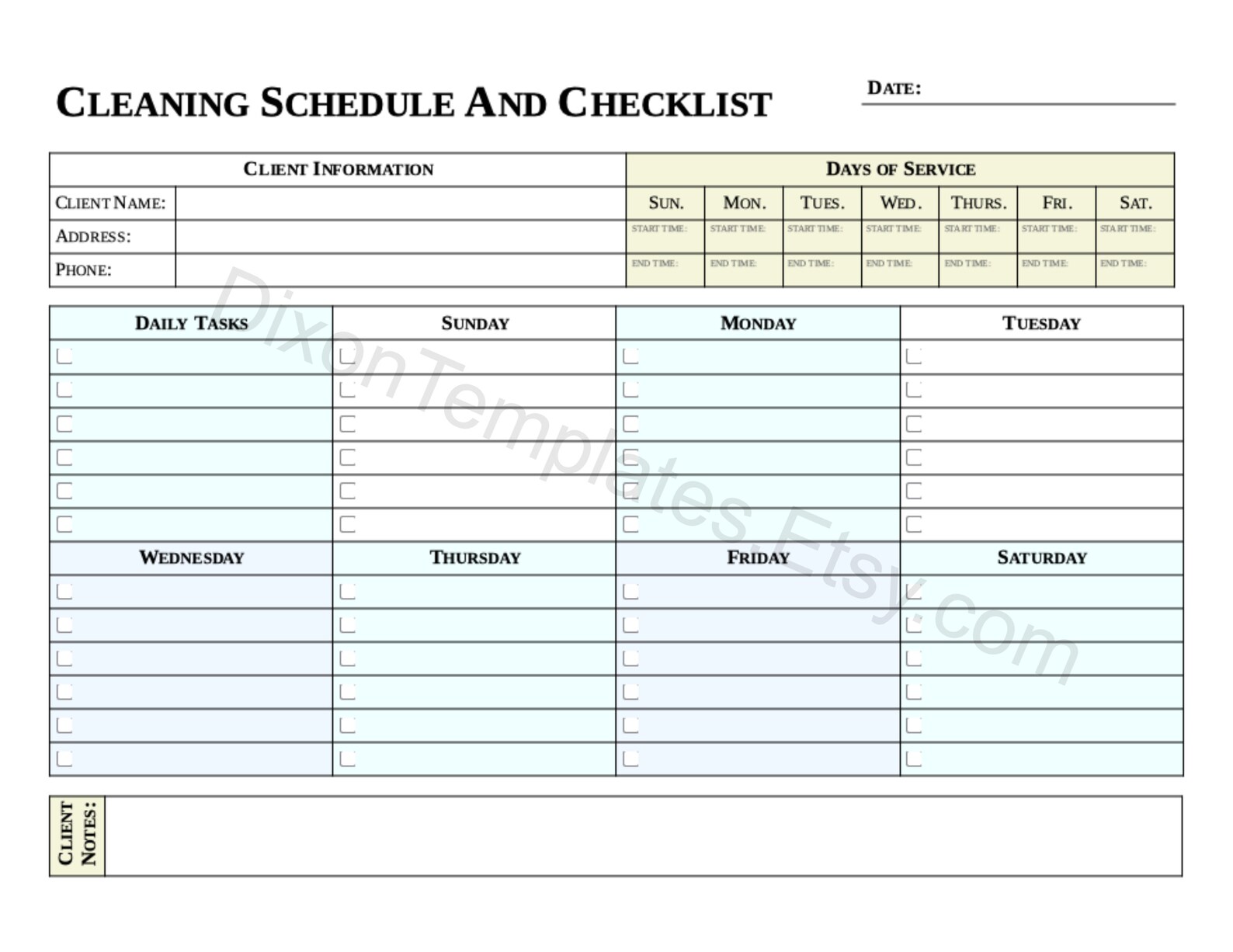 Editable Cleaning Service Checklist. Fillable Cleaning Schedule. Weekly ...