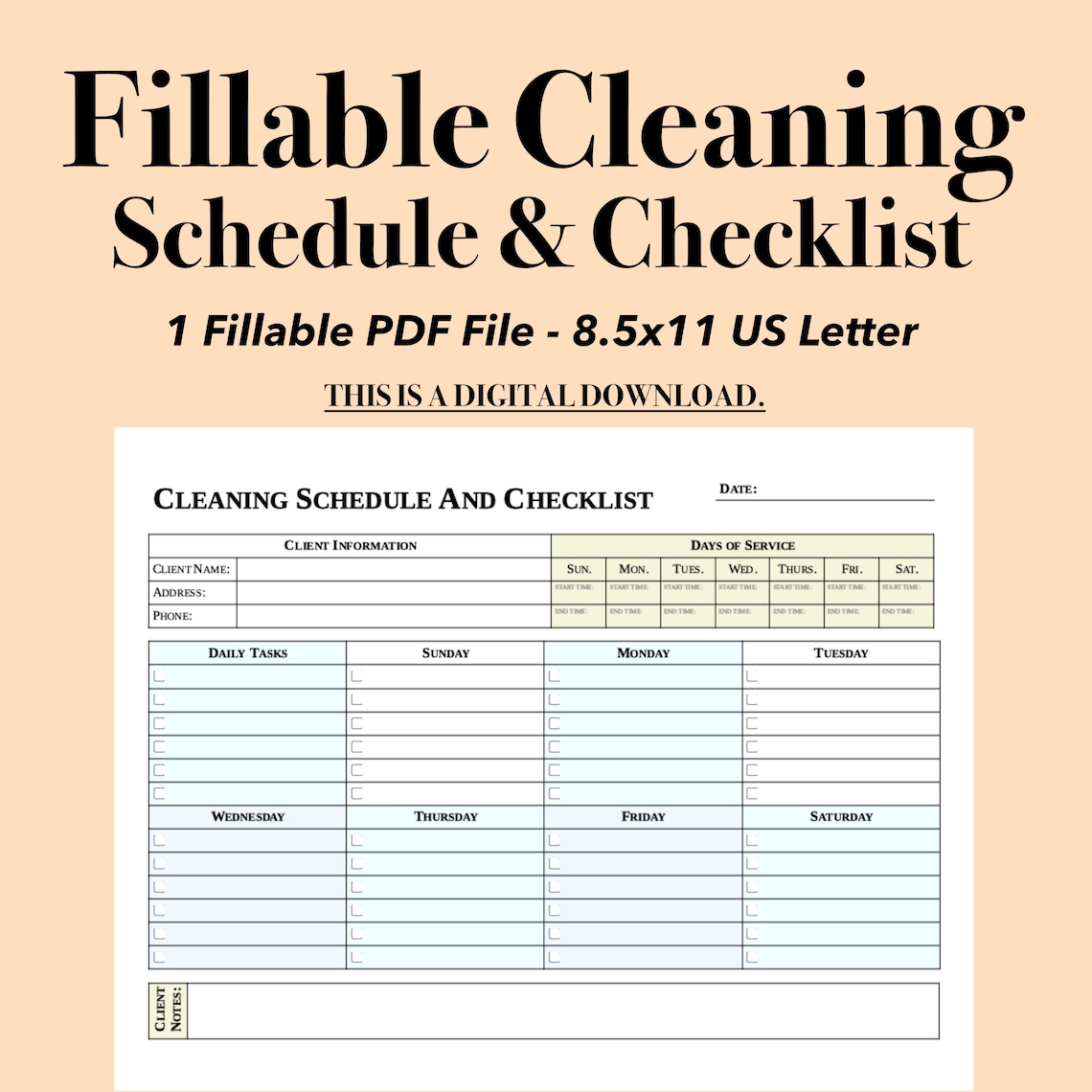 Editable Cleaning Service Checklist. Fillable Cleaning Schedule. Weekly ...