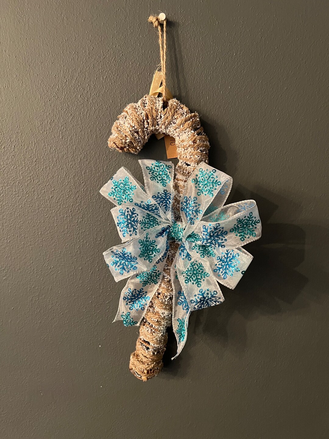 Rustic Candy Cane With White and Blue Glitter Snowflake Bow - Etsy