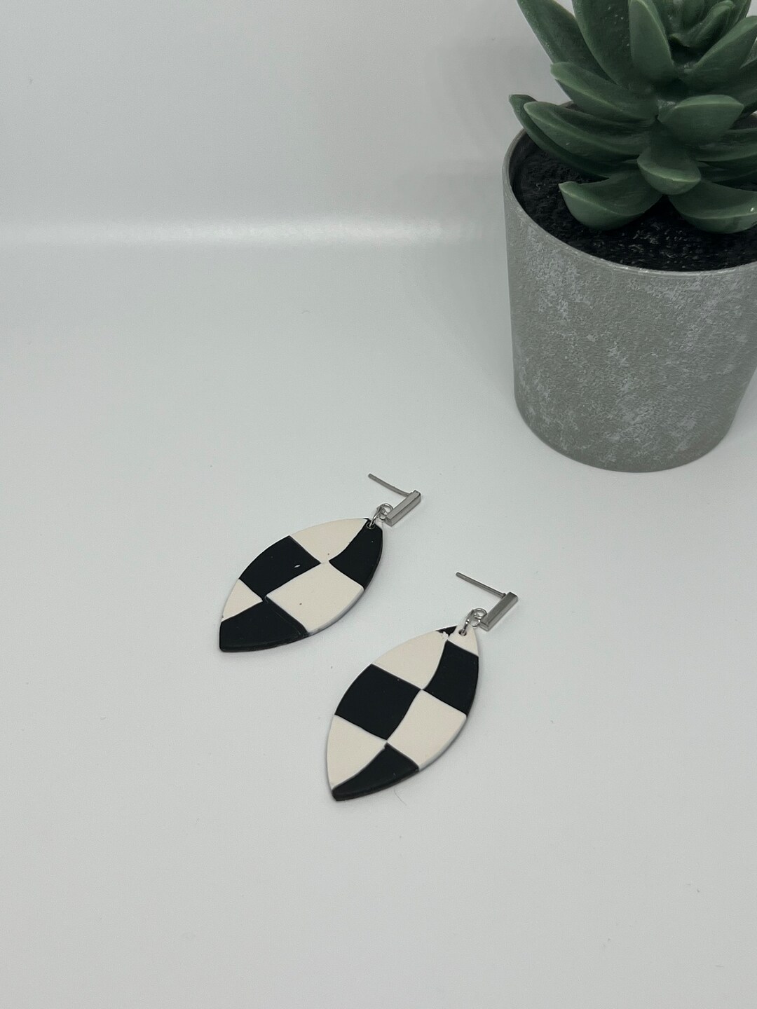 Black and White Checker Dagger Dangle Earrings Polymer Clay Earrings - Etsy