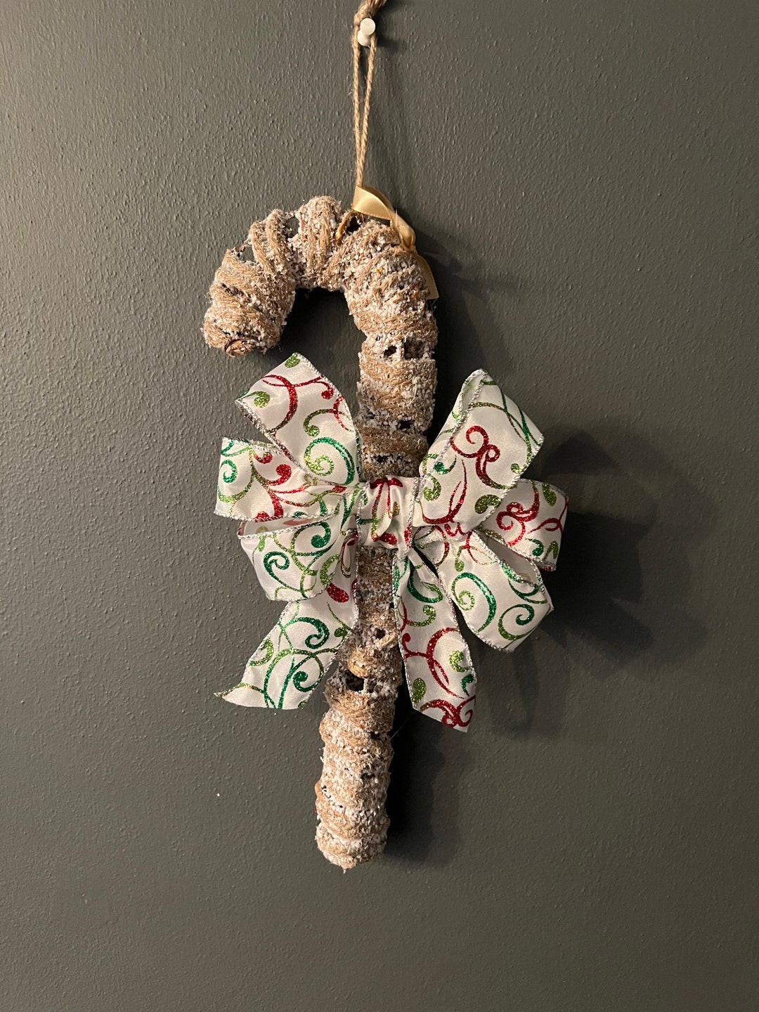 Rustic Candy Cane With White, Red and Green Swirl Bow for Hanging on ...