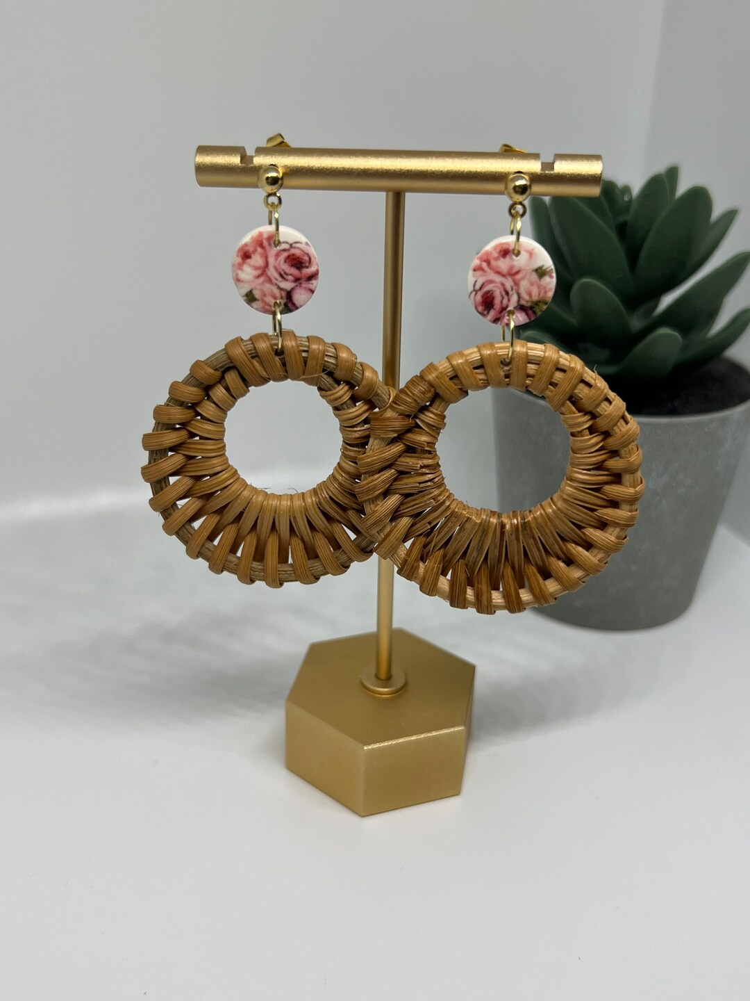 Pink Floral Circle Cutout Rattan Statement Earrings | Polymer Clay ...