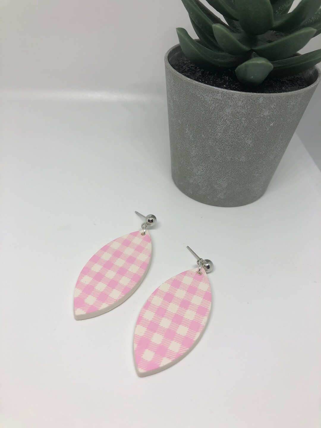 White and Pink Gingham Large Statement Dangle Earrings - Etsy