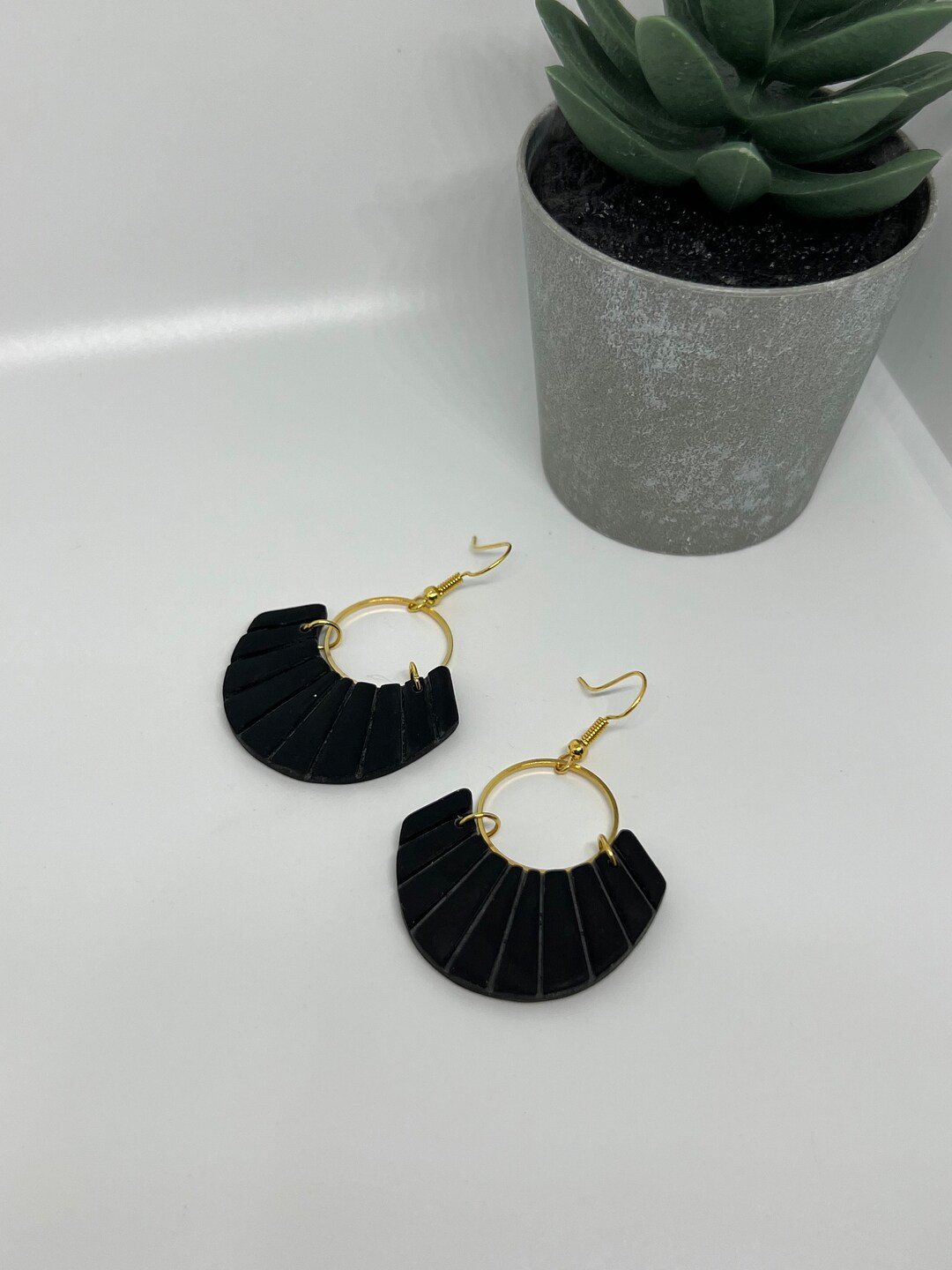 Black Semi Circle Dangle on a Gold Circle Hoop Drop Earrings | Polymer ...
