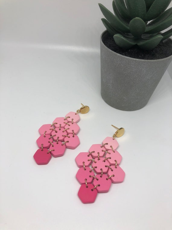 Pink Ombre Hexagon Dangle Statement Earrings With Gold Studs | Etsy