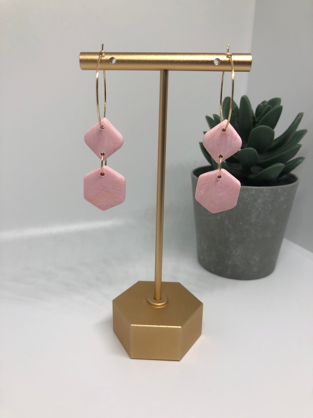 Light Pink Moroccan Diamond and Hexagon Dangle Hoop Earrings - Etsy