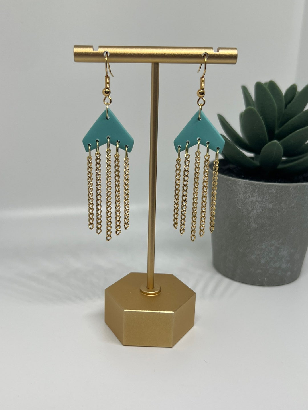Teal Chevron With Gold Chain Fringe Dangle Earrings | Polymer Clay ...