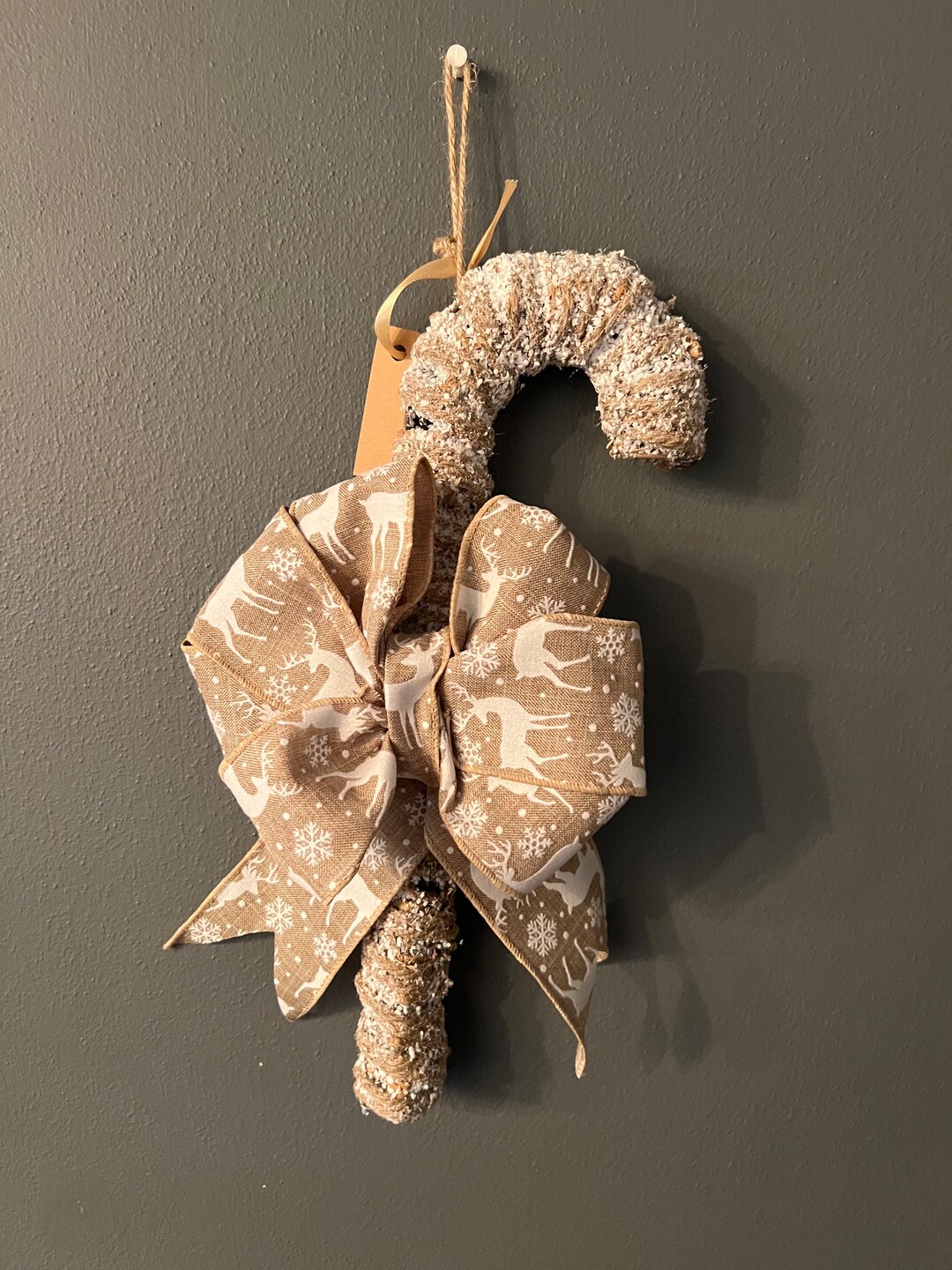 Rustic Candy Cane With Tan and White Reindeer Bow for Hanging on Walls ...