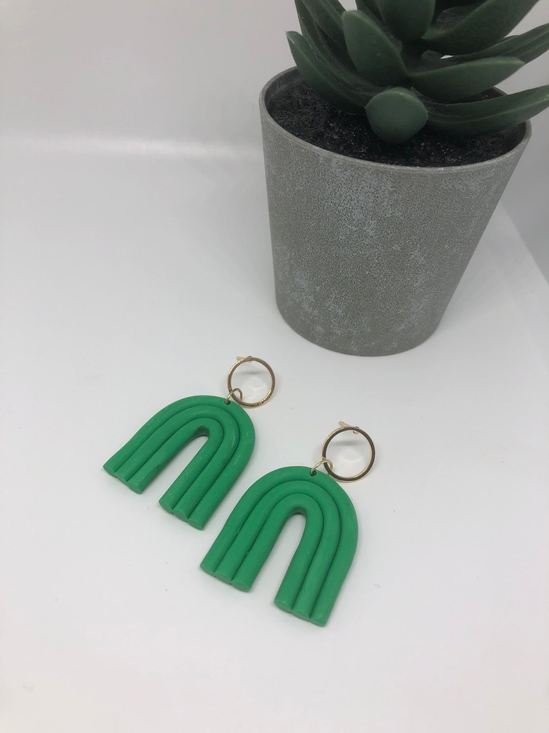 Green Arches With Gold Circle Stud Earrings | Polymer Clay Earrings - Etsy