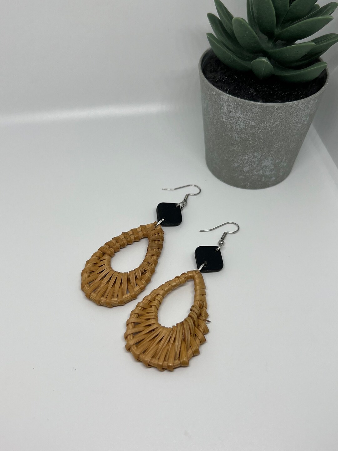 Black Moroccan Diamond and Teardrop Cutout Rattan Earrings - Etsy