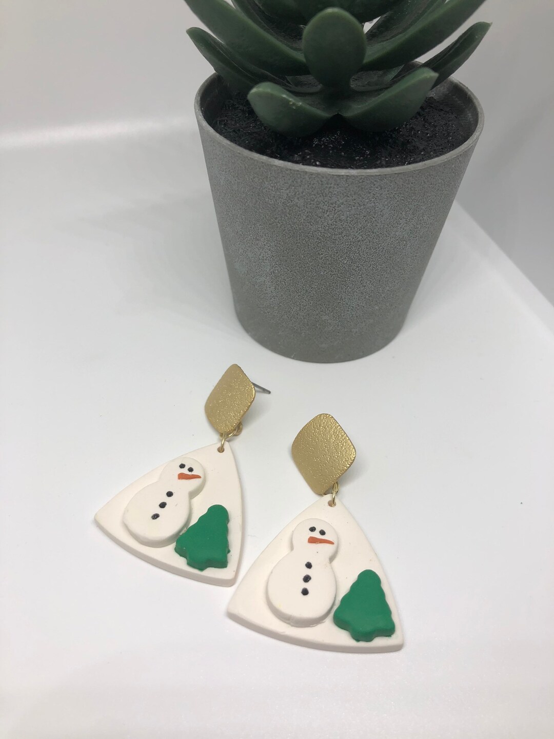 Green Christmas Tree and Snowman on White Triangle Dangle Earrings ...
