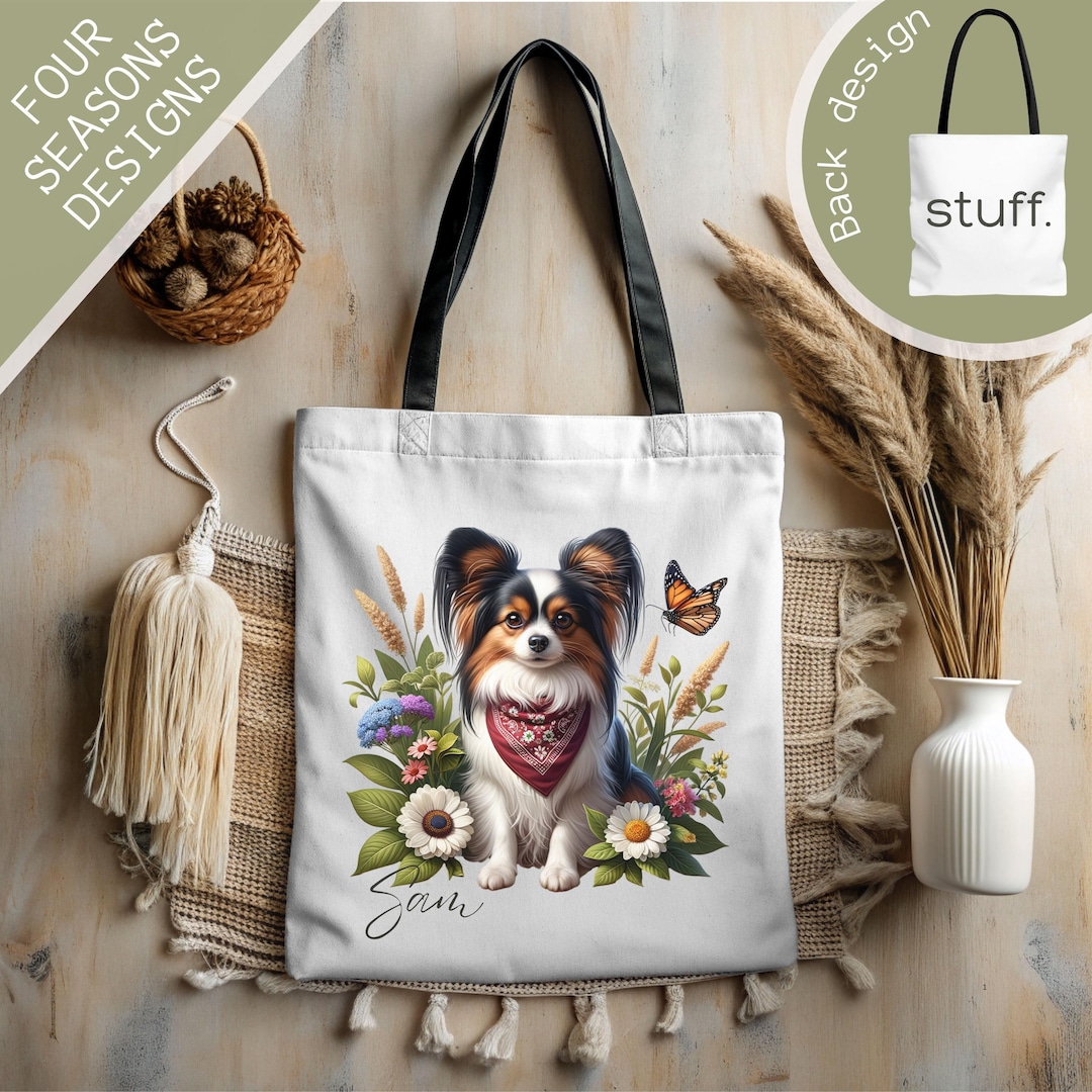Custom Papillon Dog Tote Bag, Papillon Puppy Beach Bag, Personalized ...